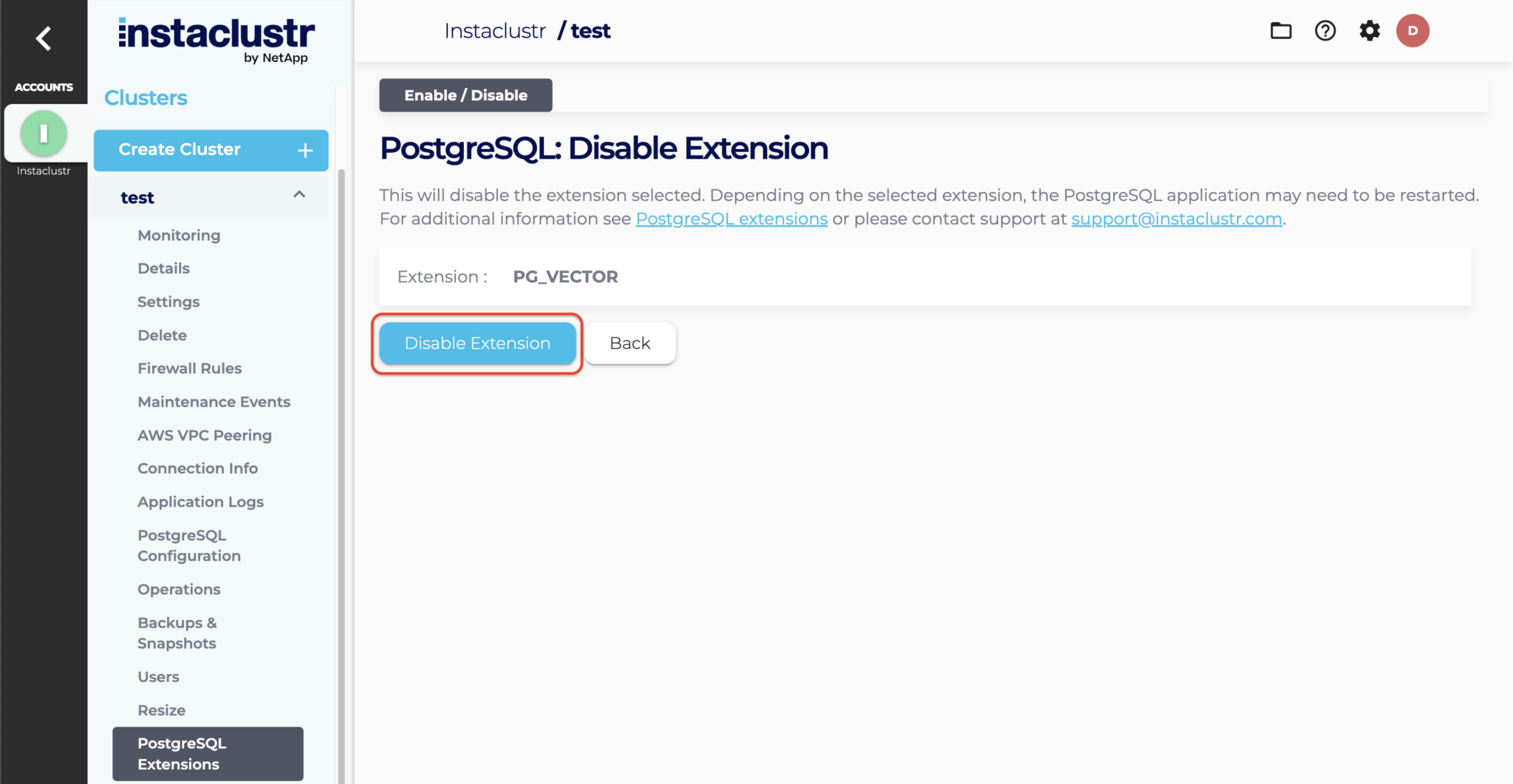 Enable or disable a PostgreSQL extension - Instaclustr